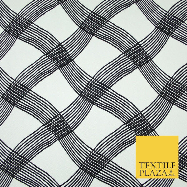 White with Black Swirly Check Print Soft Touch Stretch Jersey Fabric 5 ...
